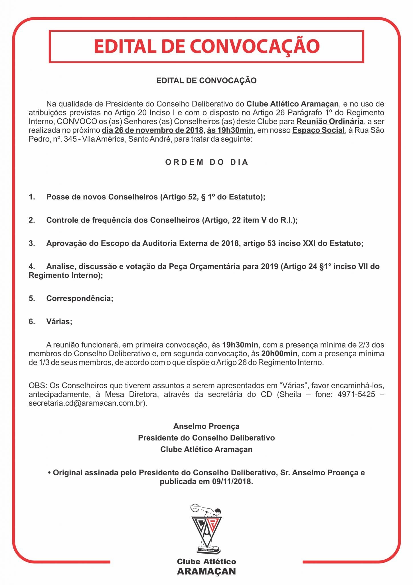Clube Atlético Aramaçan | EDITAL DE CONVOCAÇÃO ORDINÁRIA Clube Atlético Aramaçan | EDITAL DE CONVOCAÇÃO ORDINÁRIA